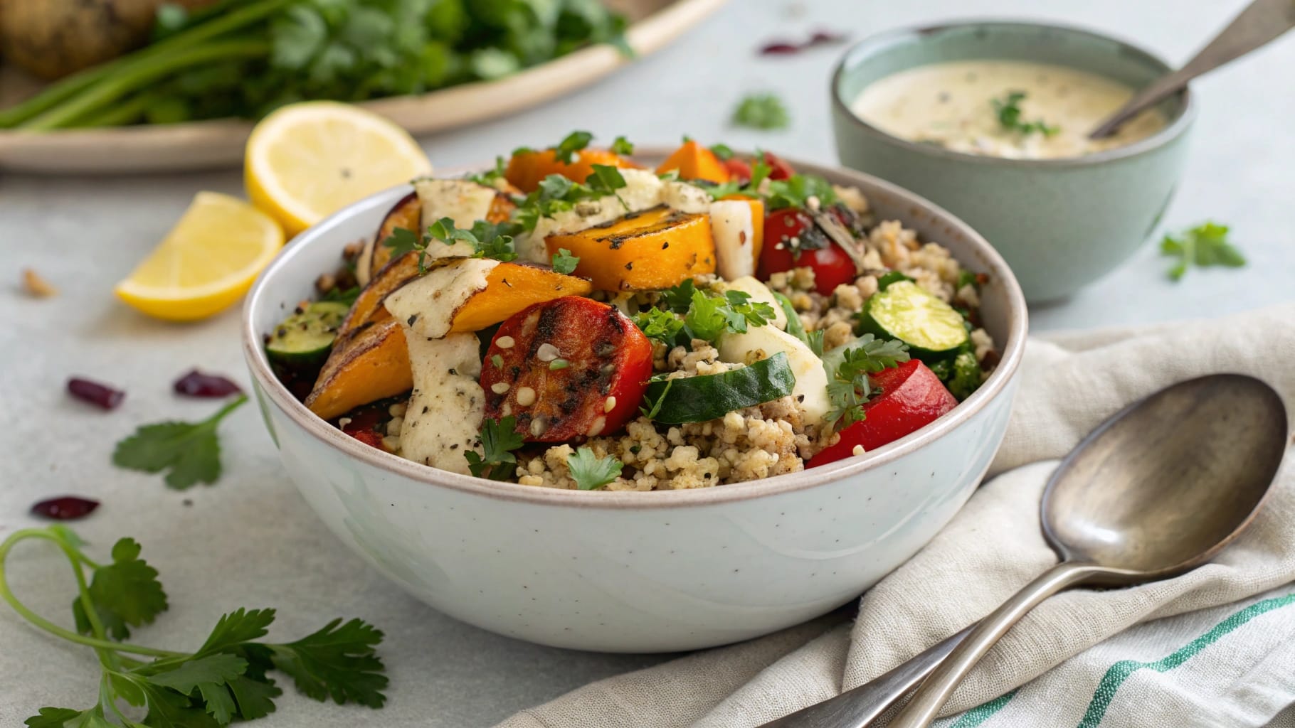 Quinoa Salad with Roasted Vegetables & Tahini Dressing