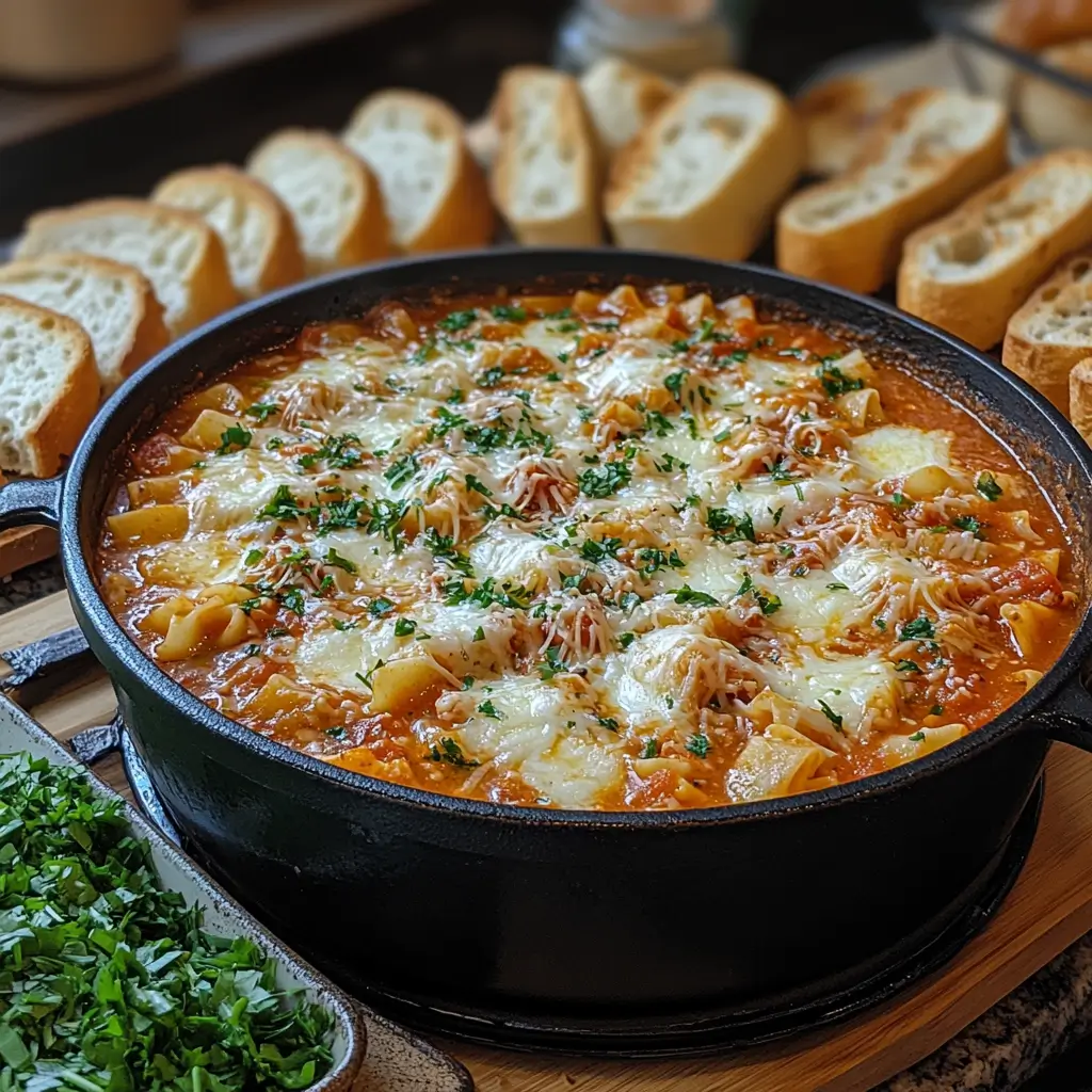 Cheesy Lasagna Soup with Garlic Bread Dippers